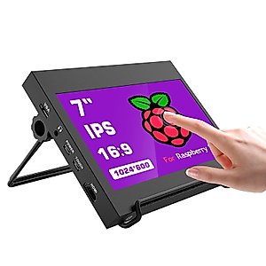 APROTII RasPi Touchscreen Monitor, 1024X600 7" IPS RasPi Screen with Case, Capacitive Touch Screen Display USB/HDMI for PC Phones RasPi 4B 3B+ 3B 3A+ 2B B+ (with Stand)