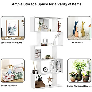 Function Home 5-Tier Geometric Bookcase, Freestanding S Shaped Bookshelf, Modern Multifunctional Display Shelves, White Book Shelf for Bedroom Living Room