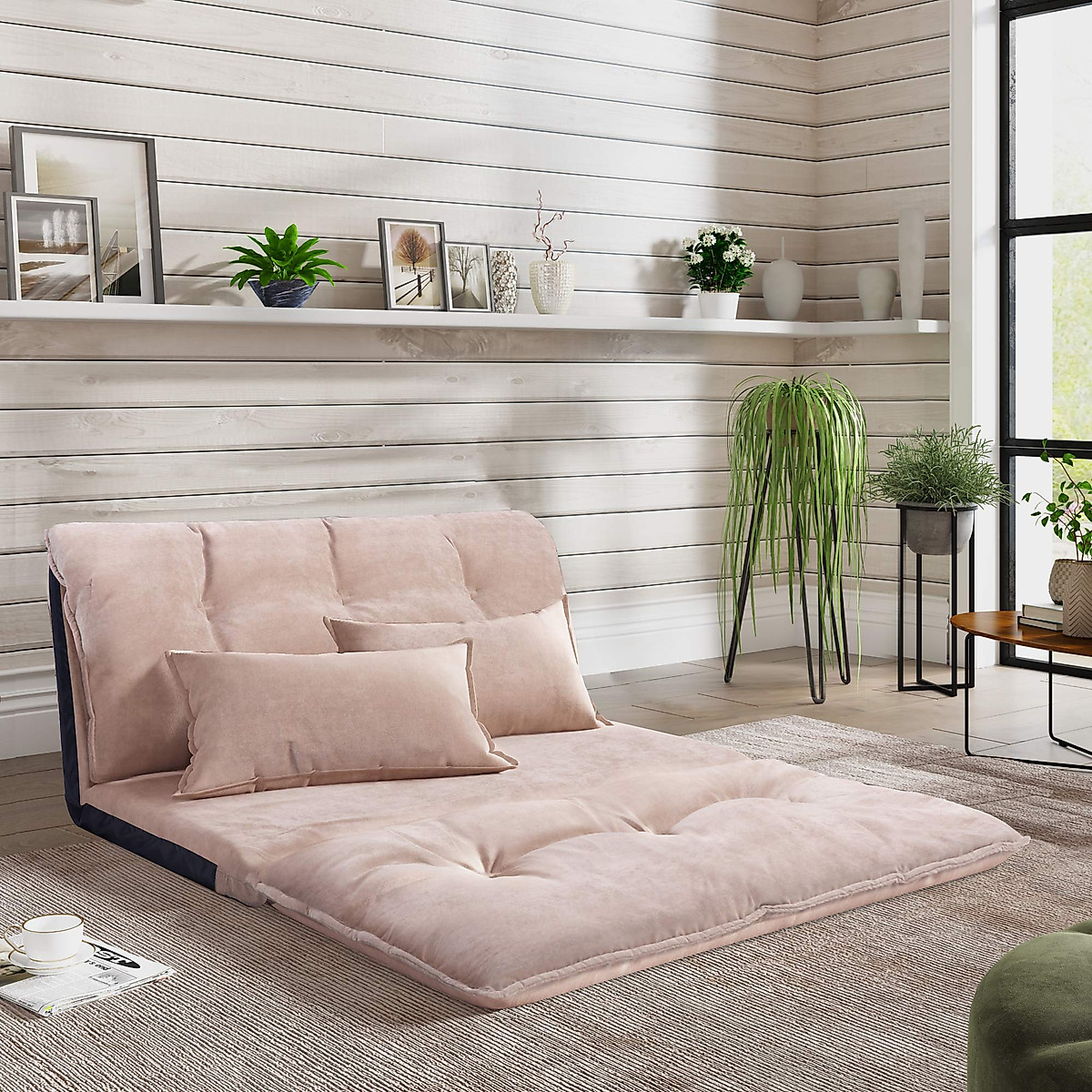 Harper & Bright Designs Floor Sofa Adjustable Lazy Sofa Bed, Foldable Mattress Futon Couch Bed with 2 Pollows (Beige)