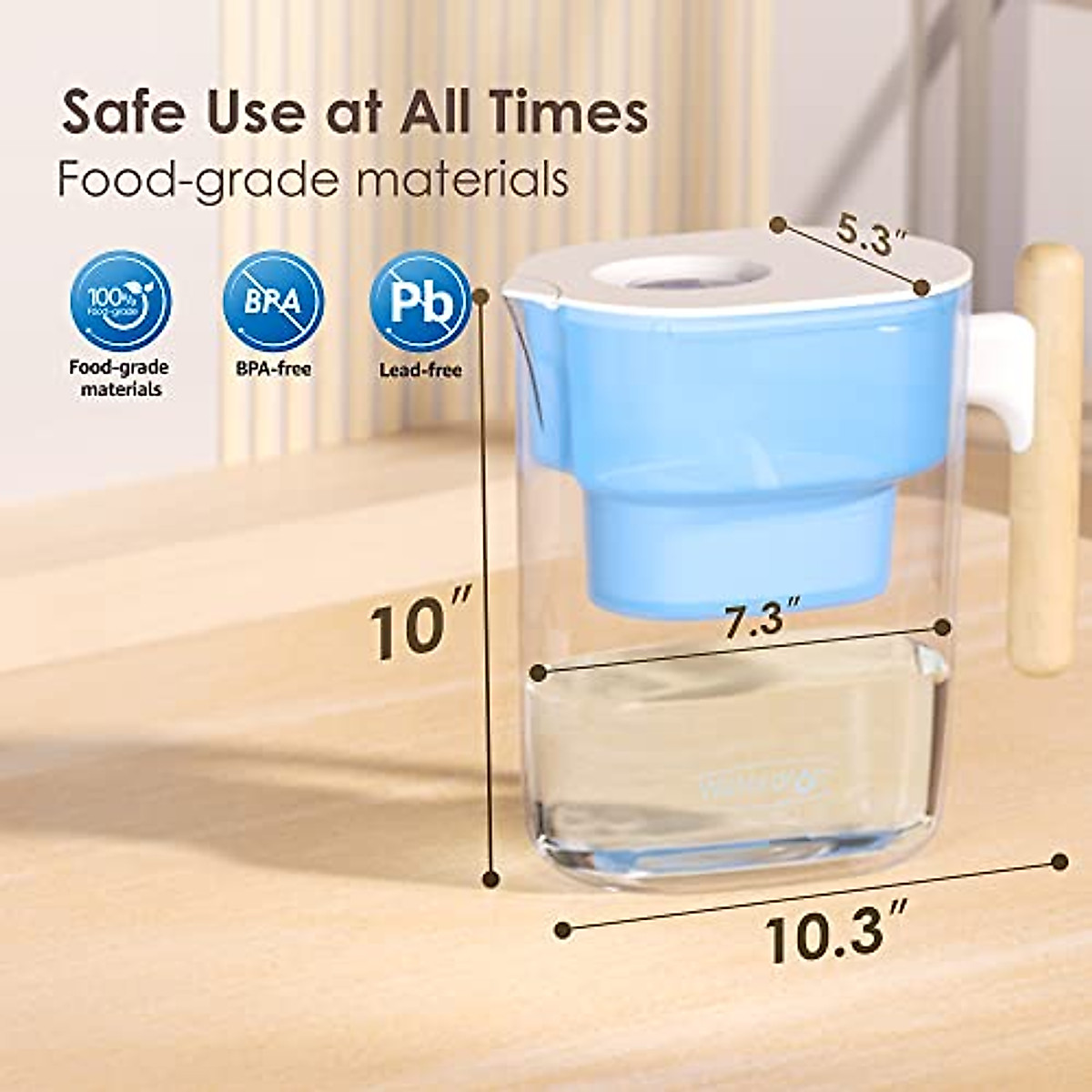 Waterdrop 200-Gallon Long-Life Chubby 10-Cup Water Filter Pitcher with 1 Filter, NSF Certified, 5X Times Lifetime, Reduces PFAS, PFOA/PFOS, Chlorine, BPA Free, Blue