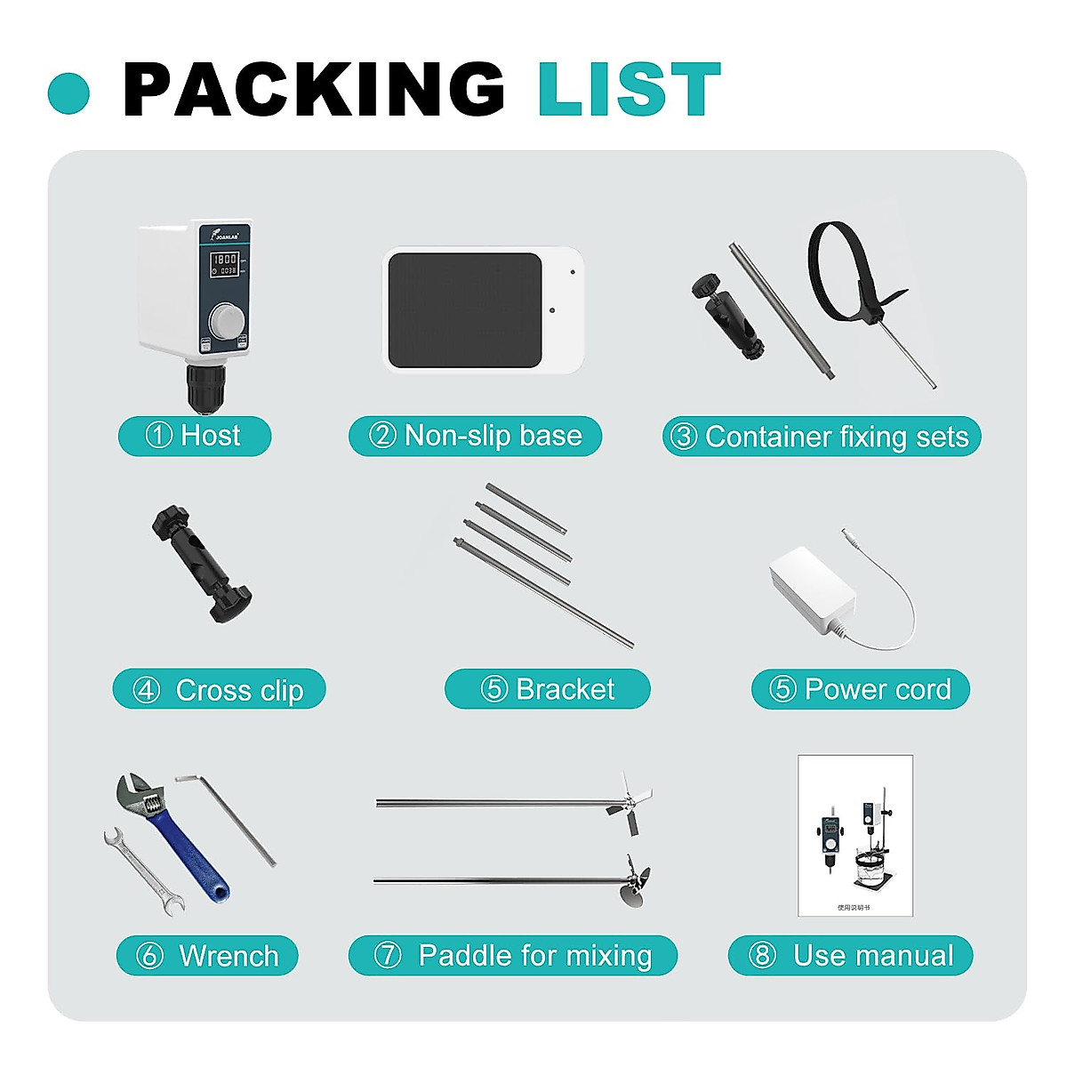 JOANLAB Overhead Stirrer Set 20L 20000 mPas Digital Overhead Mixer Lab Stirrer w/Stirring Rods 100-1500RPM Timing 1min-24h (Stand Included)