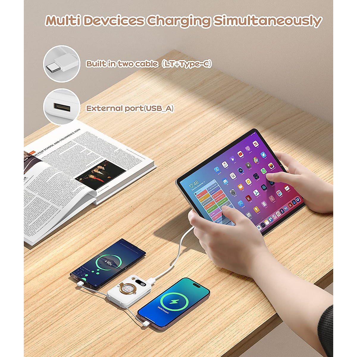 TTVCER Portable Charger 10000mAh, 22.5W USB C Small Cute Power Bank Fast Charging Compact Battery Pack with Built in 2 Cables and Precise led Digital Display,Compatible with iPhone,Tablet,Samsung