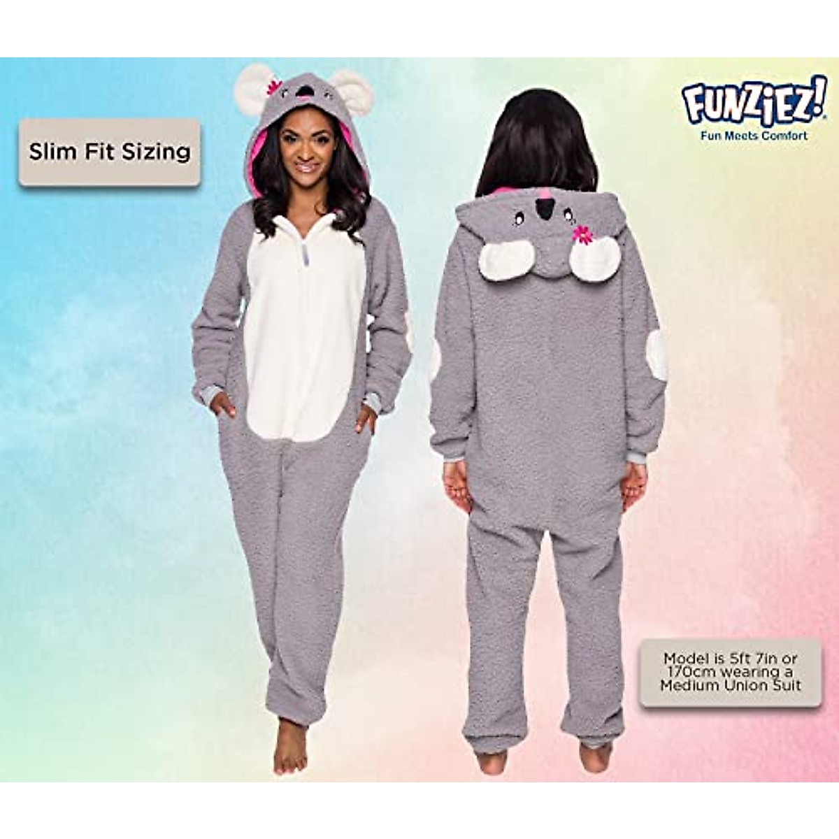 Funziez! Slim Fit Sherpa Adult Onesie - Animal Halloween Costume - Plush One Piece Cosplay Suit for Women and Men Koala