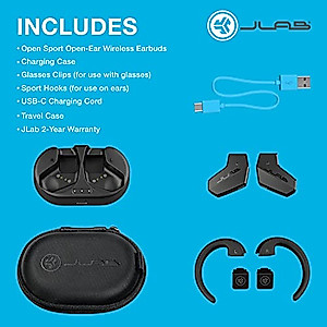 JLab Open Sport Open-Ear Wireless Earbuds | Black | Flexible Earhook | Bluetooth Multipoint | Dual Connect | Safe Listening | Optional Glasses Clip | 24+ Hours Battery Life | Custom EQ Sound Settings