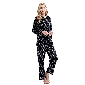Women's Classic Satin Pajama Set Sleepwear Loungewear (Black and White Polka Dot, Large)