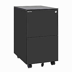 Bonnlo Black 2 Drawer File Cabinet With Lock, Rolling File Cabinet for Home Office, Mobile File Cabinet Under Desk Office Drawers Fully Extension File Cabinet with Pencil Tray, 15.4"W×17.7"D×26.0"H