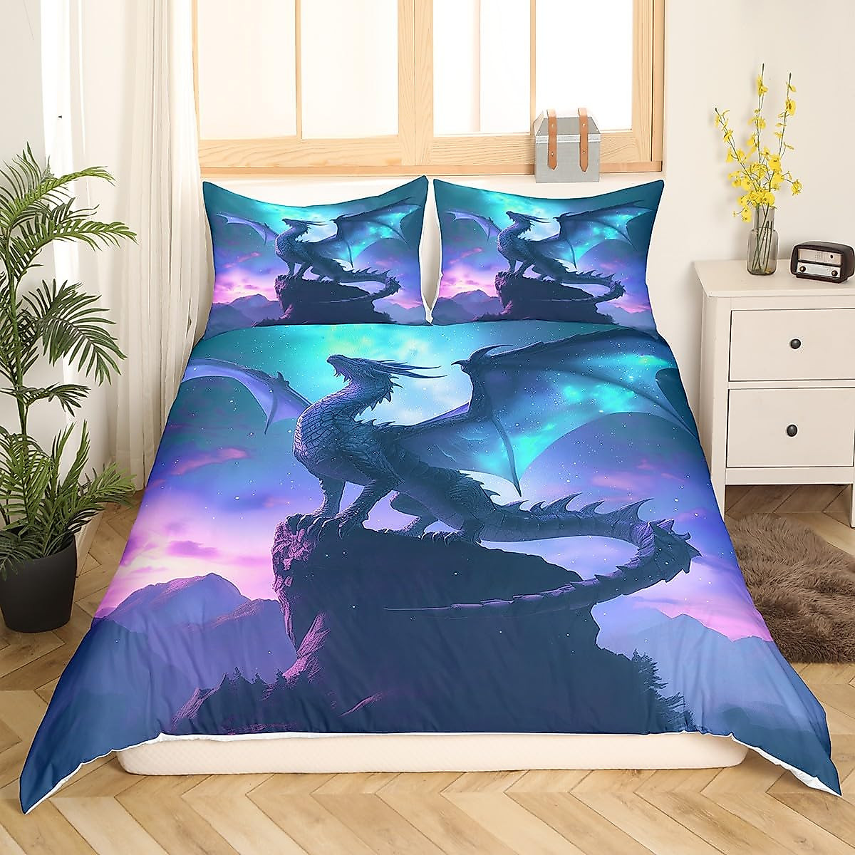 Dragon Duvet Cover Set Queen Size,Blue Purple Nebula Galaxy Bedding Set Kids Boys Girls Room Decor,Mountain Wildlife Nature Comforter Cover 3Pcs,Western Magical Dragon Bedspreads Cover,2 Pillowcases