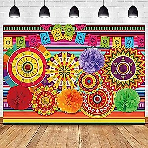 MAQTT Mexican Fiesta Backdrop for Party Decoration Coloful Horizontal Stripes Flags and Fiesta Paper Fans Photography Background for Weding or Baby Shower Supplies 7x5ft