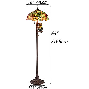 Bieye L10766 Grapes Tiffany Style Stained Glass Double-Lit Floor Lamp with Owl Night Light, 18" Wx65 H