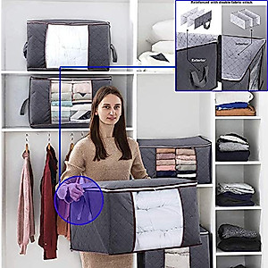 Ygapuzi 90L Large Clothes Storage Bag, 3 Pack Blanket Container Closet Organizer for Comforters, Bedding, Clothing, Pillows, Sweaters with Clear Window, Thick Fabric, No Smell, Strong Handles, Gray