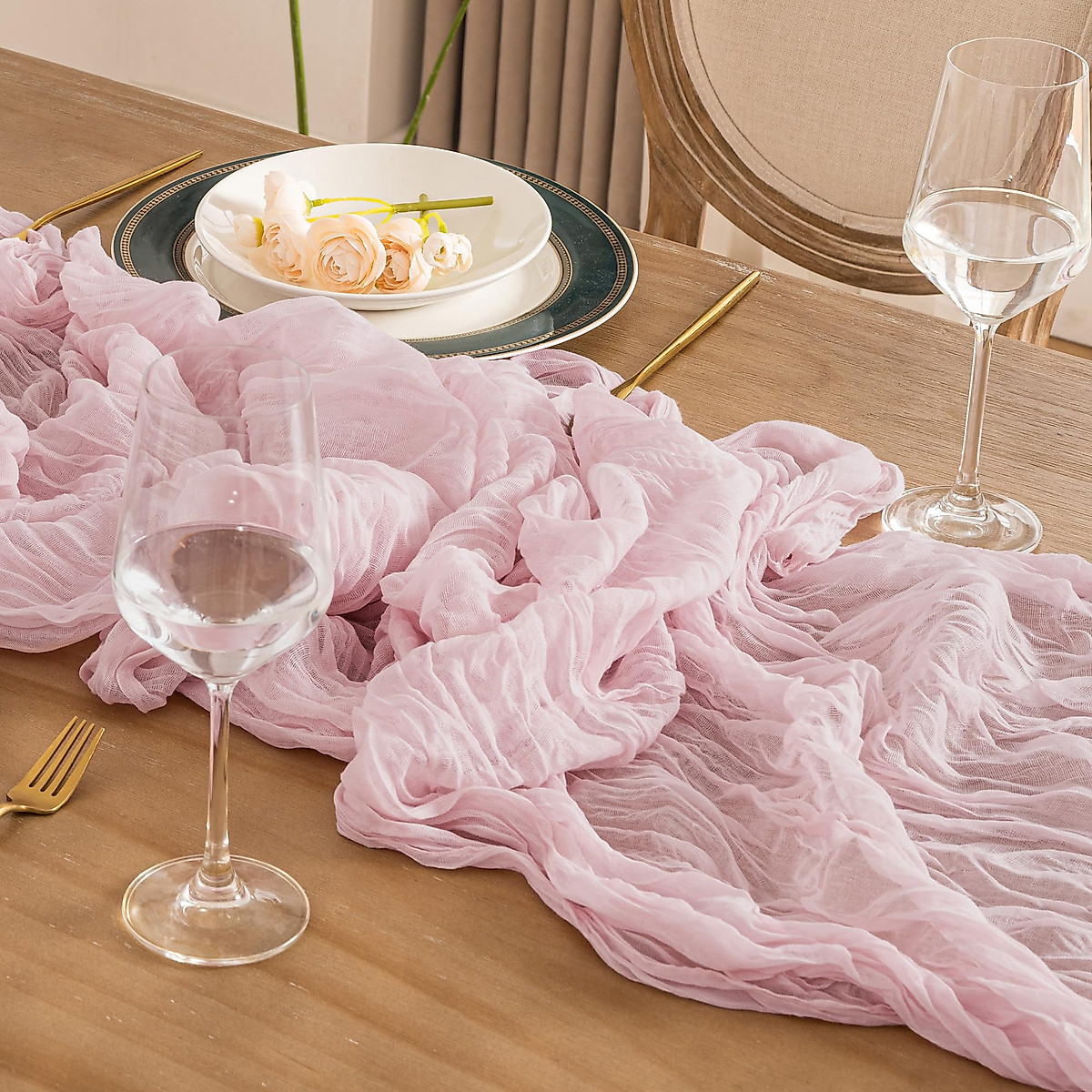 Leetaltree 2 Pack Pink Cheesecloth Table Runner, 35x120 Inch Boho Rustic Cheese Cloth Table Runner, Decorative Table Runners for Bridal Baby Shower Decorations or Wedding Table Decorations