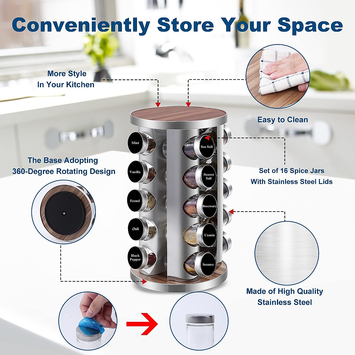 Rotating Spice Rack Organizer for Cabinet, 20 Jars Revolving Seasoning Organizer for Kitchen, Stainless Steel Spice Tower for Countertop with Reuseable Labels and Funnel