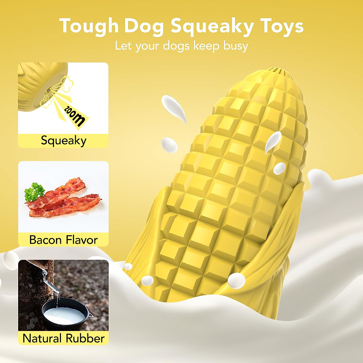 HICC PULE Indestructible Dog Toy for Aggressive Chewers, Squeaky Tough Dog Chew Toys with Bacon Flavor, Durable Dog Teeth Cleaning Toy for Medium Large Breeds, Keep Dog Busy (Yellow)