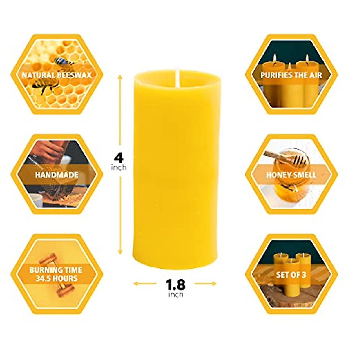 CANDWAX Pure Beeswax Pillar Candles 1.8x4 inch Set of 3 - Yellow 34,5 Hours Burning Handmade Candles - Smokeless Pure Bees Wax Candles Home Decor Natural Candles