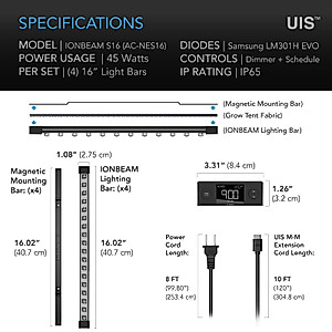 AC Infinity IONBEAM S16, Full Spectrum LED Grow Light Bars 16”, Deeper Penetration Samsung LM301H EVO Diodes and Digital Dimming Timer Controller, for Veg Bloom Indoor Plants, Grow Tents, Greenhouses