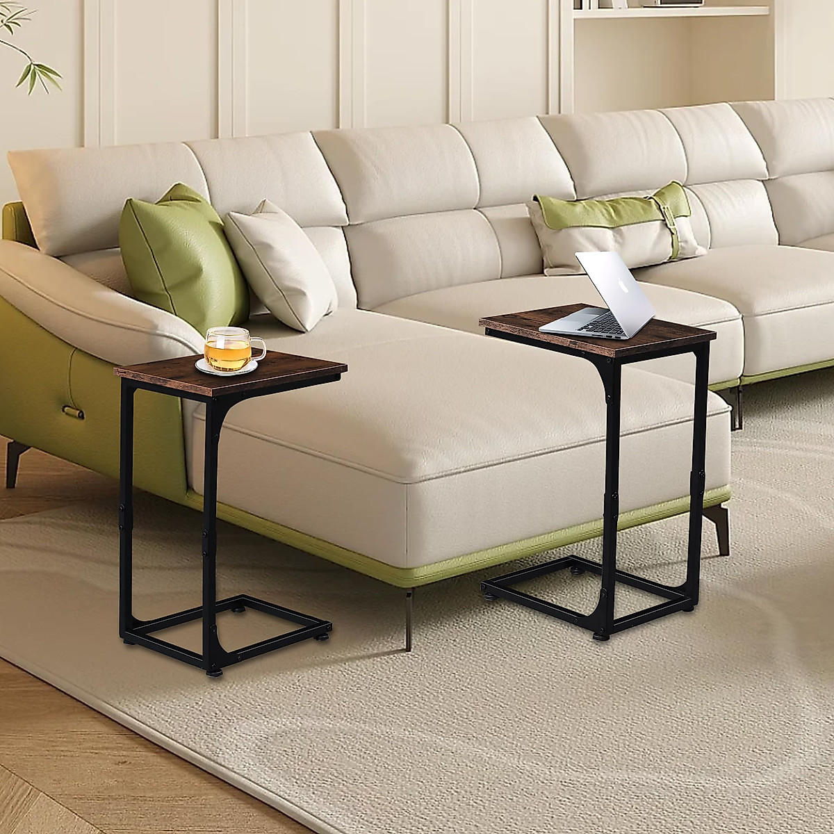 BETTAHOME C Shaped End Table, Set of 2 Side Table, for Couch, Bed, Chair, Living Room, Bedroom, Slides Under Sofa, Tray for Snack, Laptop, TV Dinner, Rustic Brown and Black BT001D