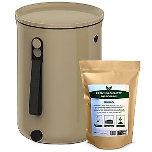 TeraGanix Bokashi Compost Bin + 1 Lb Bokashi Bran, Kitchen Countertop Composter, All Season Indoor Composting, Easily Drain Liquids, Odor Free, Airtight Lid, 2.5 Gallon, Cappuccino