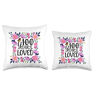 Him Her 100 Years Old Birthday Gifts Floral 100th Birthday Present Men Women 100 Years Loved Throw Pillow, 18x18, Multicolor