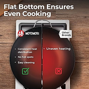 Restaurantware-Motomori 14 Inch Pre-Seasoned Carbon Steel Wok, 1 Traditional Japanese Wok - Flat Bottom, Wooden Handle, Black Carbon Steel Traditional Stir Fry Pan, With Helper Handle