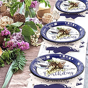 21st Birthday Decorations for Her/Him, 96pcs Happy Birthday Plates and Napkins Navy Blue Party Tableware Set Party Supplies Paper Plates Napkins Cups 21st Birthday Plates - Serves 24 Guests