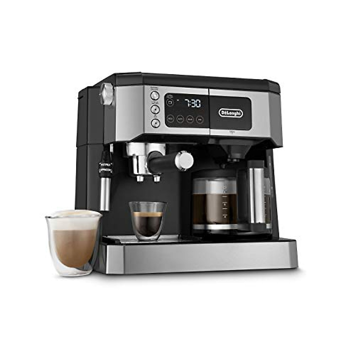 De'Longhi All-in-One Combination Coffee Maker & Espresso Machine + Advanced Adjustable Milk Frother, black & 513214601 Cappuccino Glasses, 270 milliliters
