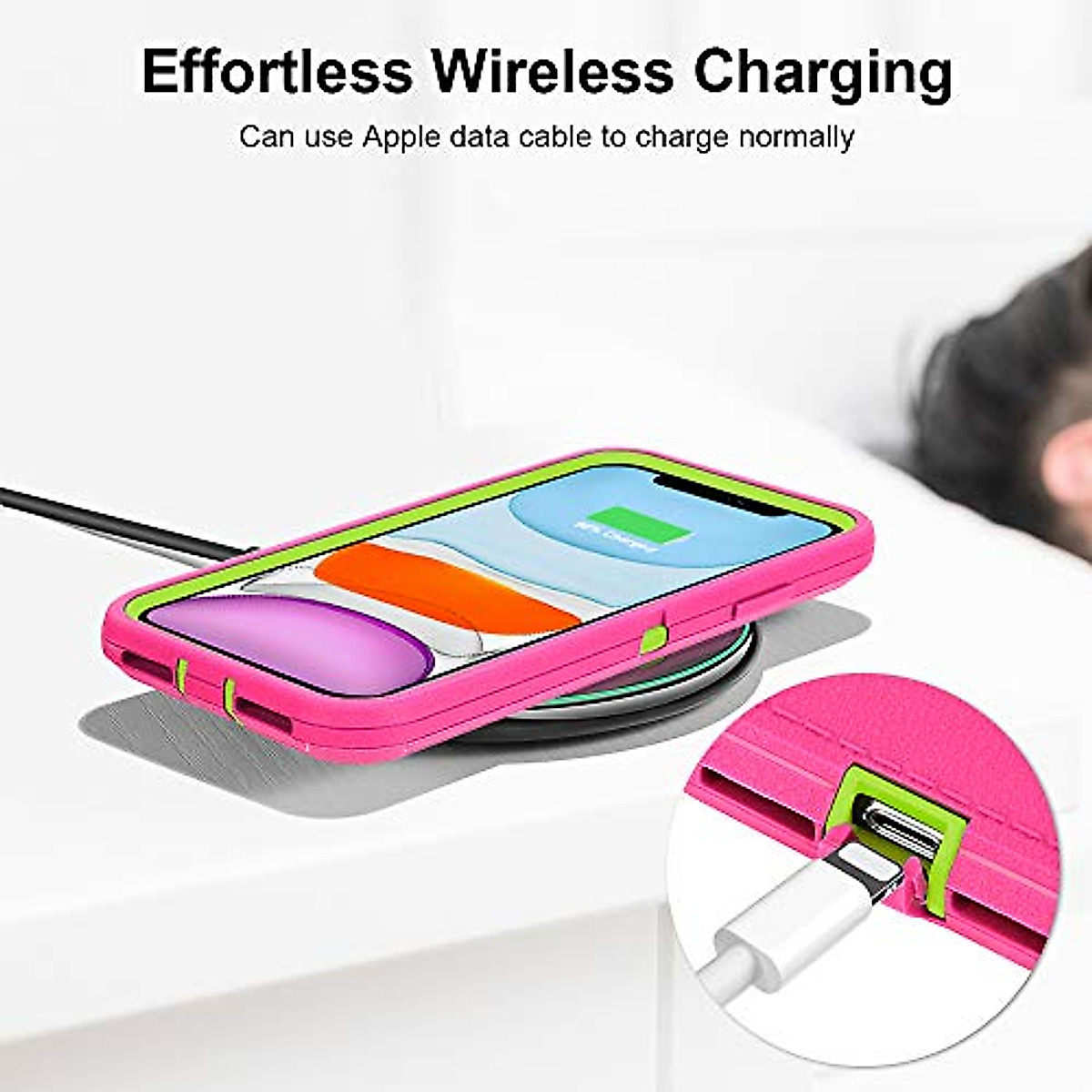 CAFEWICH iPhone 11 Case, Heavy Duty Shockproof 3-Layer Full Body Protective High Impact Tough Hybrid Rubber Rugged Durable Phone Cover for iPhone 11 6.1'' - Hot Pink Green