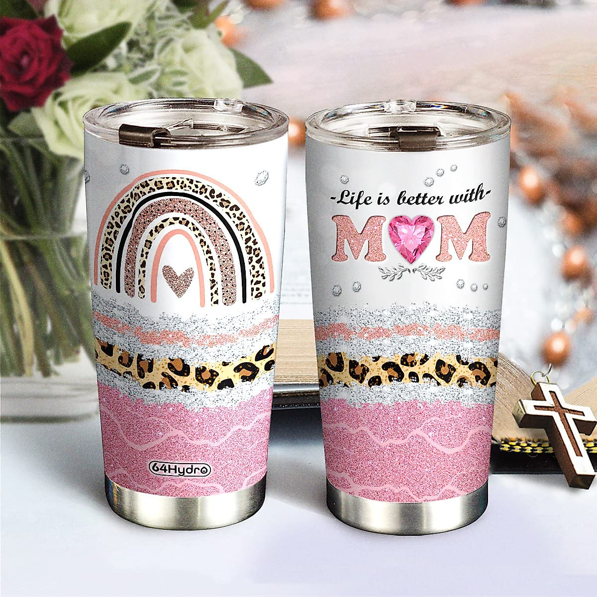 20oz Life is Better with Mom, Grandma, Mother Gifts, Coffee Thermos for Women, Stainless Steel Double Wall Vacuum Insulated Coffee Mug, Travel Cup with Lid