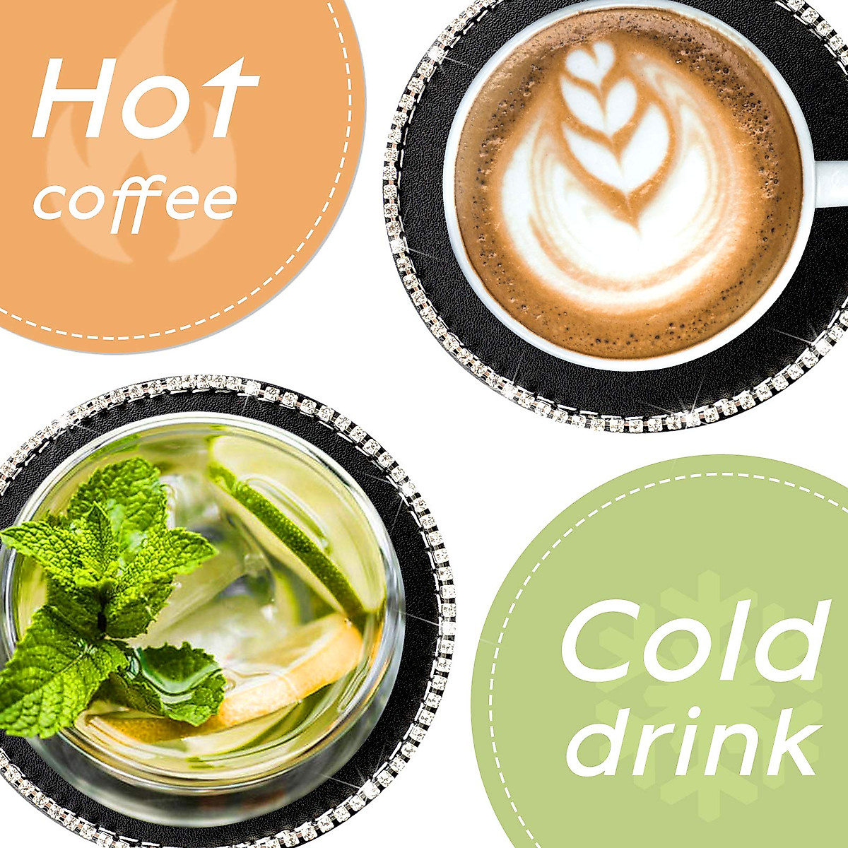 Coasters for Drinks Coffee Tea Cup Pads Table Mat with Coaster Holder for Home,Office,Kitchen,Bar,Bling Crystal Luxury Handmade Diamond (Set of 6) (R White)