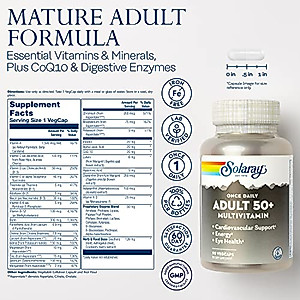 Solaray Once Daily Adult 50+ Complete Multivitamin for Women & Men, Essential Vitamins & Chelated Minerals for Healthy Energy, Heart, Brain & Immune Support, With CoQ10 & Lutein, Iron Free, 90 VegCaps
