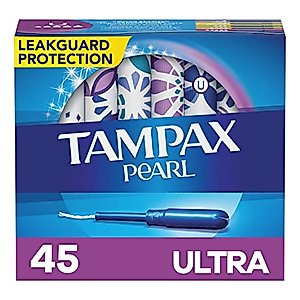 Tampax Pearl Tampons, with LeakGuard Braid, Ultra Absorbency, Unscented, 45 Count