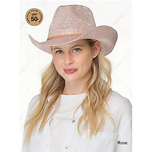 C.C Sparkly Sequin Cowboy Hat with Suede String Trim, Beige