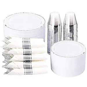 WELLIFE 350Pcs Silver Plastic Plates with Disposable Silverware and Cups, Include: 50 Dinner Plates 10.25”, 50 Dessert Plates 7.5”, 50 Silver Rim Cups 9 OZ, 50 Pre Rolled Napkins Packed in