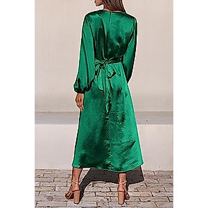 PRETTYGARDEN Women's Fall Fashion 2023 Long Sleeve Satin Dress Tie Back Casual Flowy Midi Dresses (Dark Green,Medium)