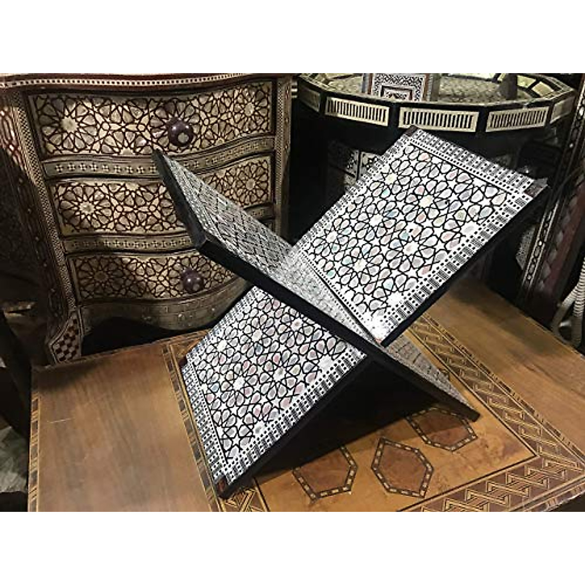 Egyptian Handmade Islamic Muslim Quran Holder Stand Beech Wood Inlaid Mother of Pearl 16.8" M01