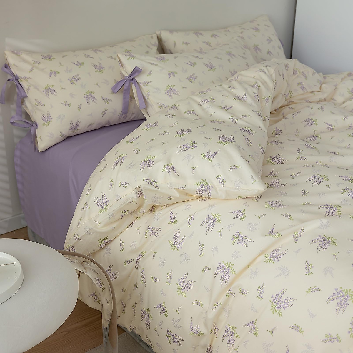 Lilac Floral Comforter Set Full Purple Flower Comforter Set Garden Fluffy Cute Floral Bedding Comforter Set Vintage Botanical Comforter for Girls Women 1 Floral Comforter with 2 Bow Ties Pillowcases