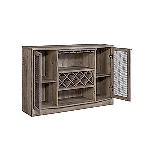 Home Source Bar Cabinet with Curved Wire Mesh Doors in Stone Grey Finish