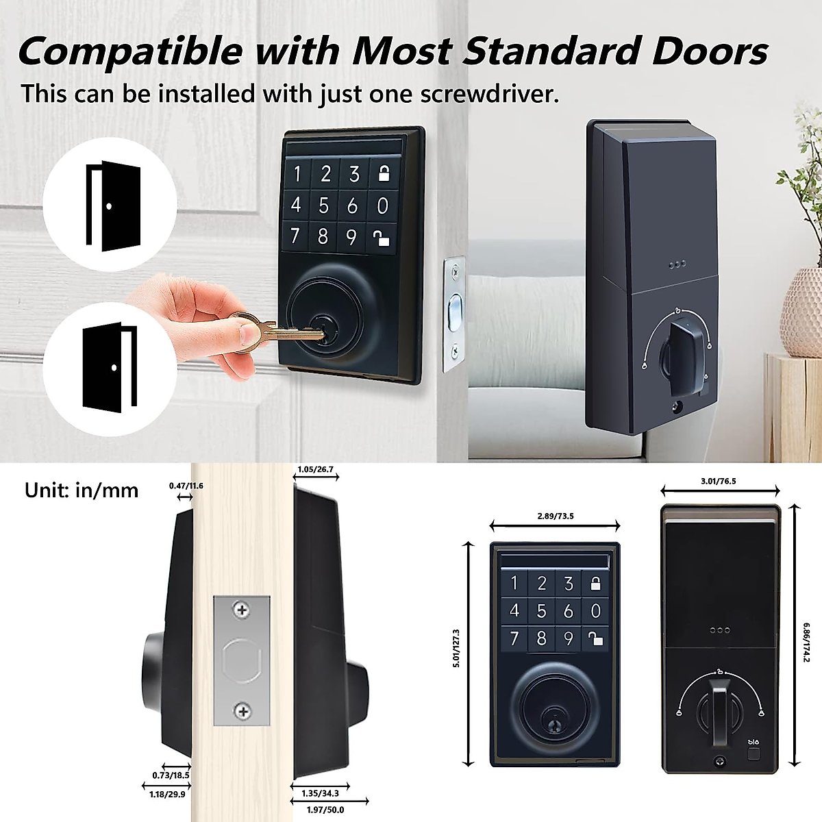 EnergyIC Keyless Entry Door Lock, Door Locks with Keypads, Keypad Deadbolt Smart Lock, Keyed Entry, One-Click Lock/Unlock Function, 103 User Codes, Mute, Low Battery Indicator, 2 Keys, Black