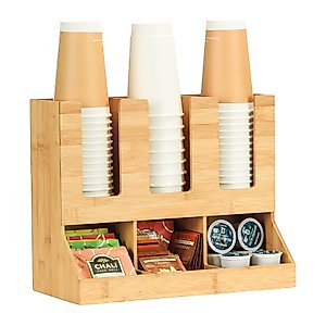 TQVAI Bamboo Coffee Station Organizer, 6 Compartments Condiment Rack Breakroom Accessories Caddy for K Pods, Snack, Tea Bags, Disposable Cups, Original