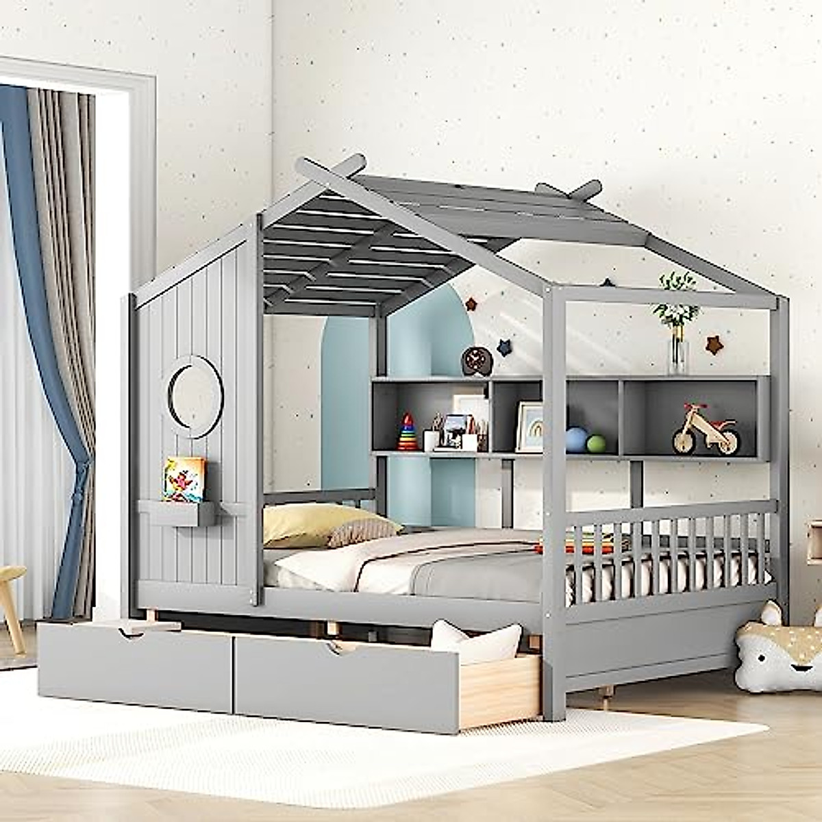 DEYOBED Kids Wooden House Bed, Full Size House Bed Frame with Storage Shelf, 2 Drawers and Roof for Boys Girls, Kids Montessori Bed with Playhouse Design for Bedroom, Space-Saving, Full, Gray
