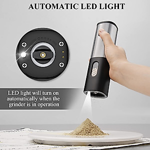 Electric Salt and Pepper Grinder Set, Automatic Pepper Mill with LED Light, Adjustable Coarseness, Battery Powered, One Hand Operated Refillable for Kitchen Resturant BBQ, Stainless Steel Black,2 Pack