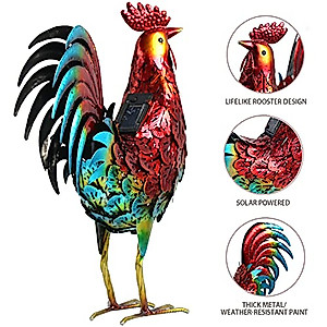 Kircust Solar Metal Rooster Animal Lights Garden Sculptures Art Decor, Outdoor LED Light Color Chicken Statue for Farm Patio Lawn Back Yard Home Decorations,13.98" WX5.9 DX16.74 H