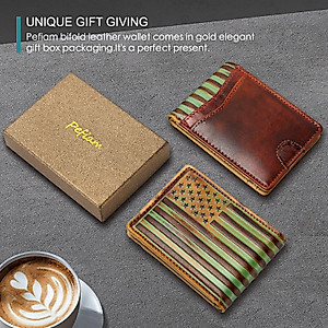 Pefiam Full Grain Leather Bifold Wallet for Men - 12 Slots, RFID Blocking - USA Flag, Brown