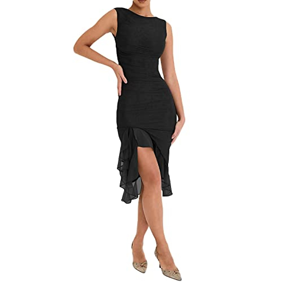 Chloefairy Women's Summer Midi Bodycon Sleeveless Backless Ruffle Hem Mermaid Cocktail Elegant Tank Dress (as1, Alpha, l, Regular, Regular, Black)