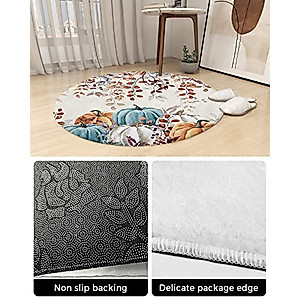 Thanksgiving Fluffy Round Area Rug Carpets 5ft, Teal Orange Pumpkin Fall Brown Eucalyptus Leaves Plush Shaggy Carpet Soft Circular Rugs, Non-Slip Fuzzy Accent Floor Mat for Living Room Bedroom Nursery