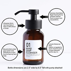 Refillable Foaming Soap Dispensing Bottle - Amber Glass - Matte Black Stainless Steel Foaming Pump - Apothecary Style for Modern bathrooms and Kitchens (Includes Labels)