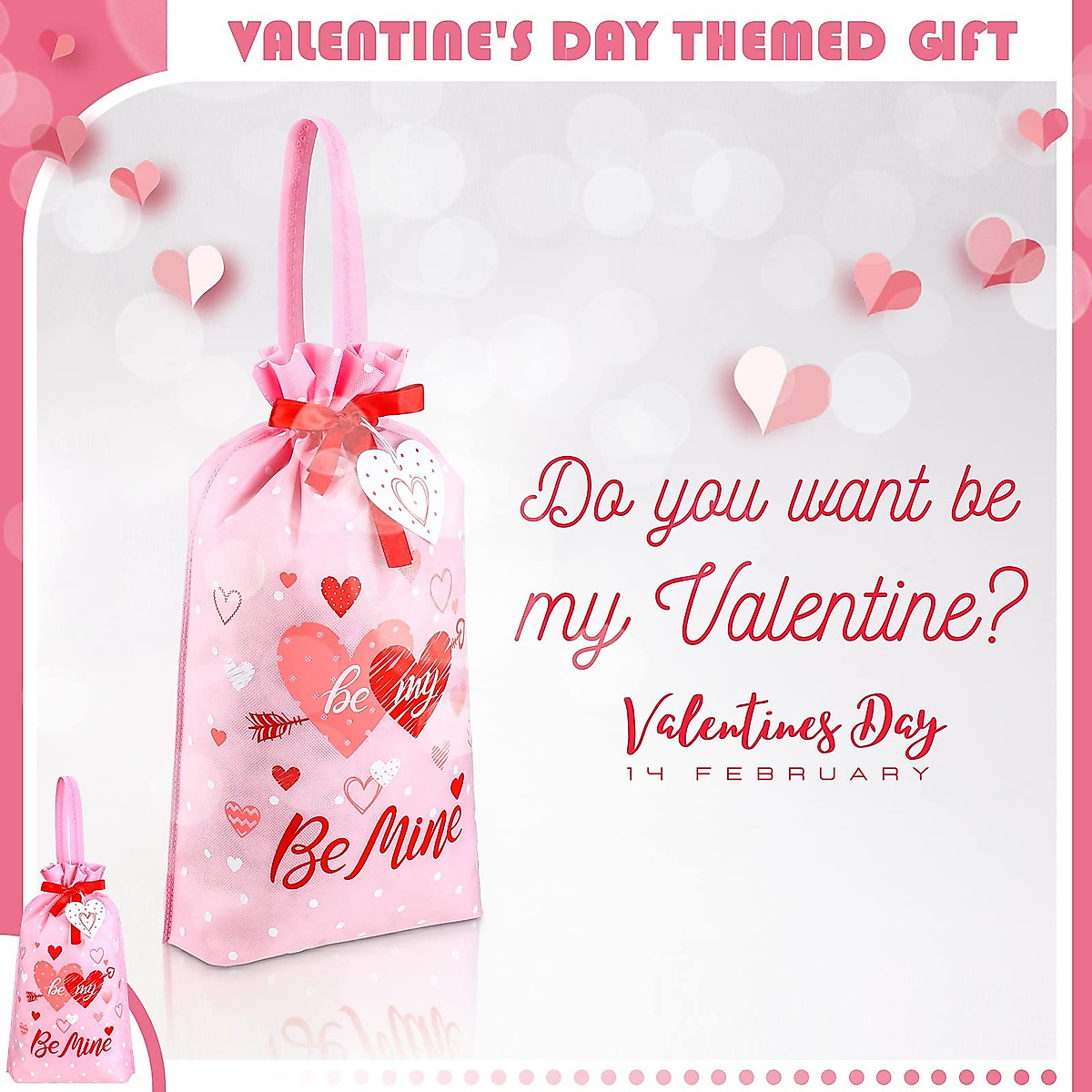 12 Pack Valentine's Day Gift Bags with Drawstring Satin Ribbon Drawstrings Valentine Bag Holly Cloth Gift Handle Bags Valentine Design Goodie Bags for Valentine Presents Party Favor