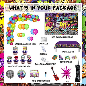 143 PCs 90s Party Decorations, Homond 90s Themed Birthday Party Decorations Backdrop Balloon Garland Arch Cutout Tablecloth Cupcake Toppers Gold Chain 4D Laser Disco Ball Explosion Star Retro