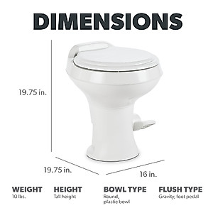 Dometic 300 Series Gravity-Flush RV Toilet | Powerful Triple-Jet Action Flush with Adjustable Water Level | Standard Height Flush with Foot Pedal for RVs, Trailers, and Outdoor Campers