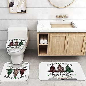 Likiyol 4 Pcs Merry Christmas Shower Curtain Sets with Non-Slip Rugs, Toilet Lid Cover and Bath Mat, Buffalo Plaid Shower Curtain with 12 Hooks, Winter Holiday Tree Shower Curtain