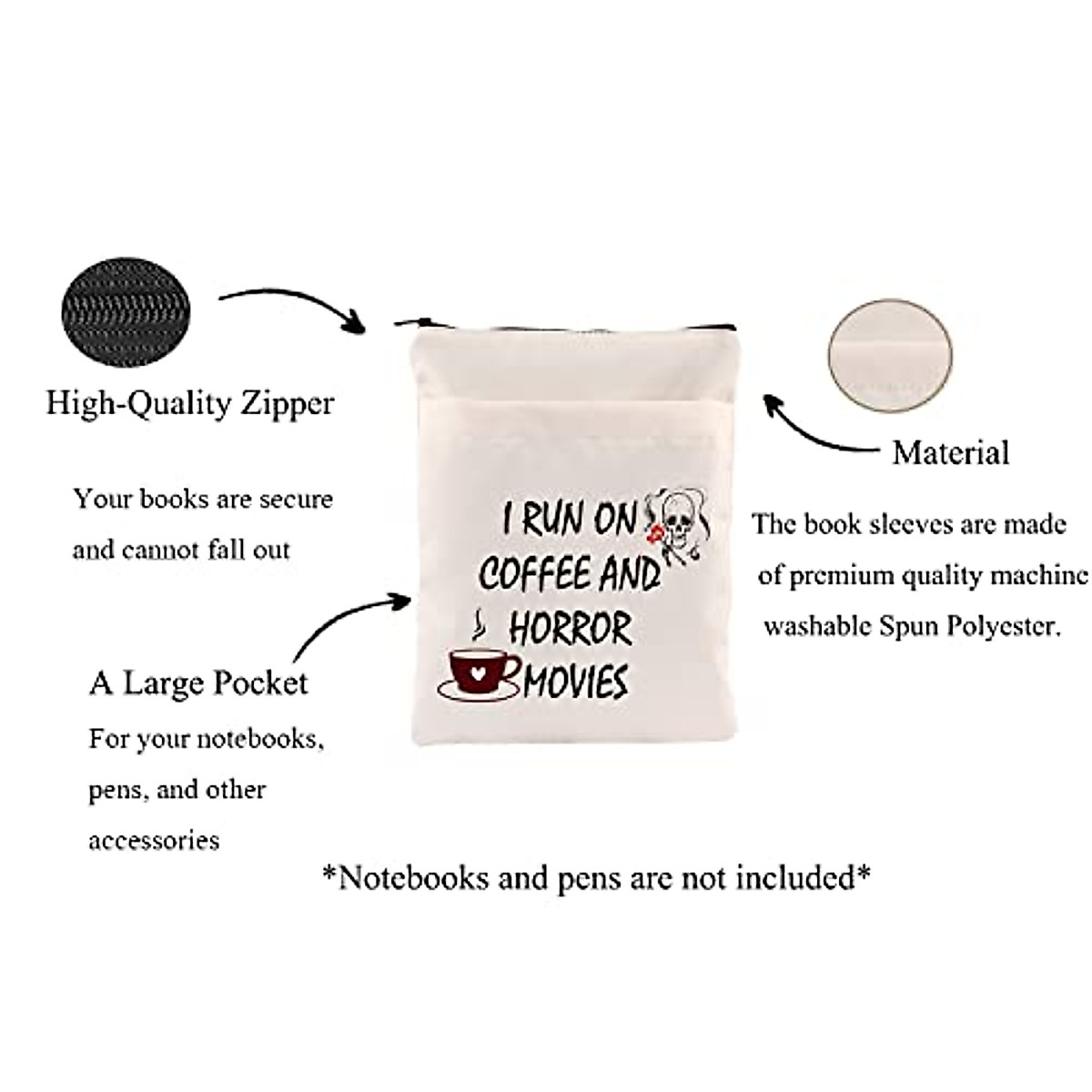 Horror Movies Lover Gift I Run On Coffee and Horror Movies Book Nerd Book Sleeve Horror Movie Fan Gift Coffee Lover Gift (Horror Movies-BS)